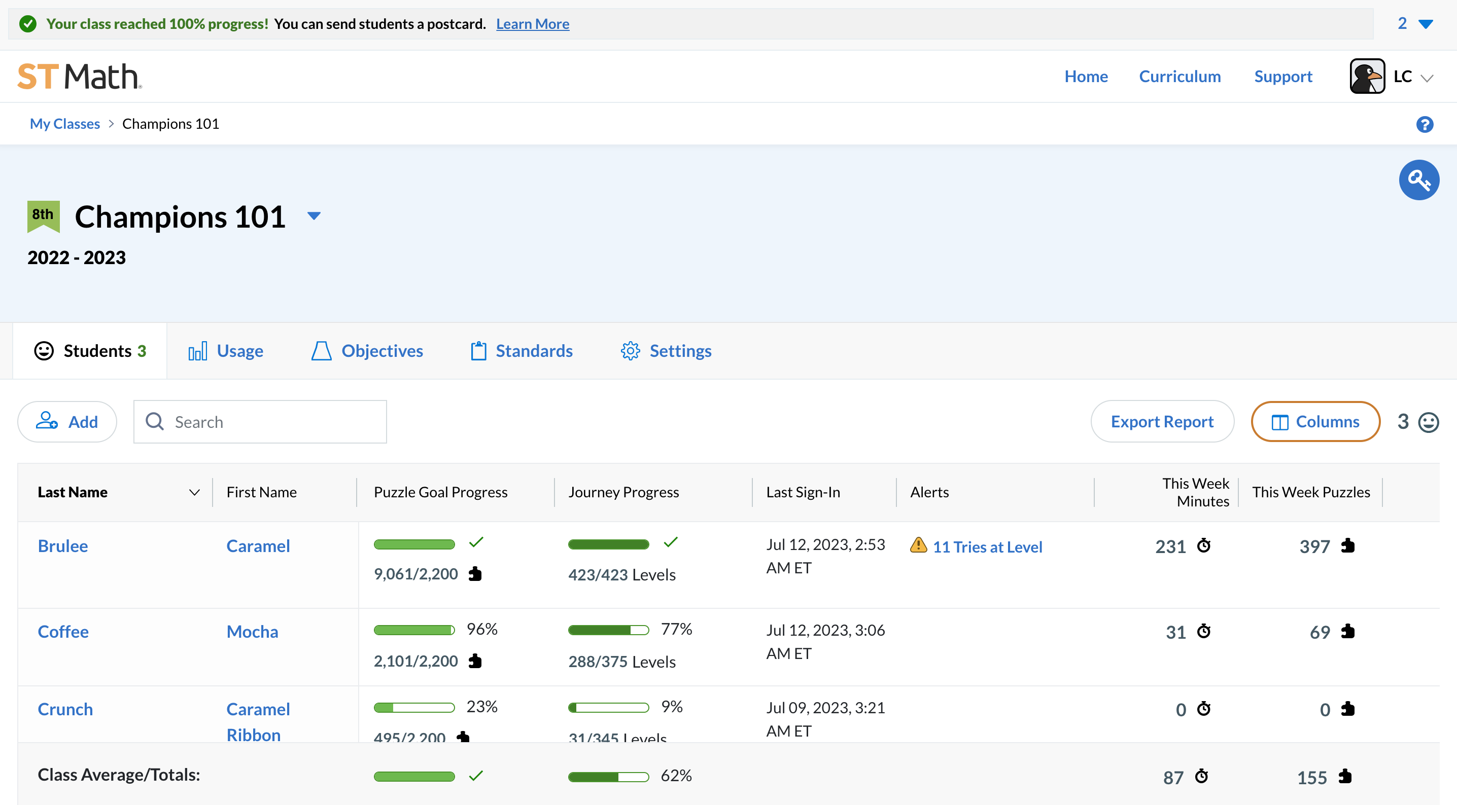 Educator Console Overview - Class Page – ST Math Help