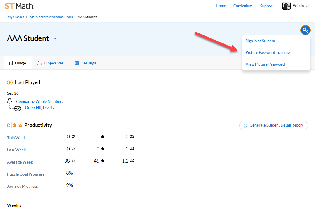 How can I retrain a student on their picture password? – ST Math Help